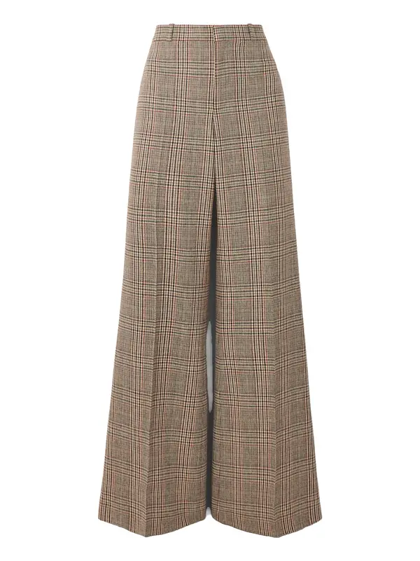 Chloé Checked Wool-blend Wide-leg Trousers - Brown