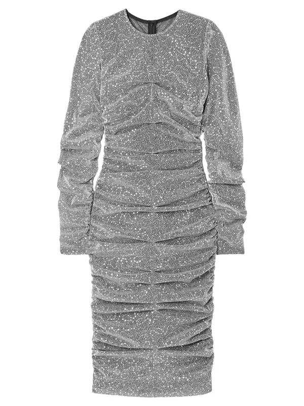 Dolce & Gabbana Ruched Sequined Metallic Stretch-tulle Midi Dress - Silver