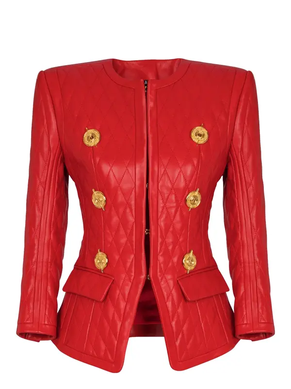 Balmain Quilted Leather Jacket - Red