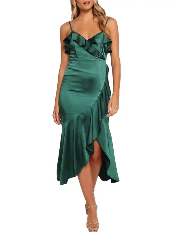 PETAL & PUP Birdie Ruffle Satin Dress - Emerald Green