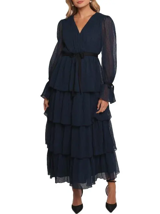 PETAL & PUP Antoinette Long Sleeve Chiffon Cocktail Dress - Navy