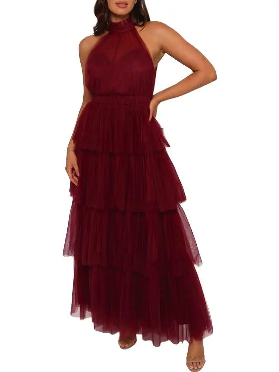 PETAL & PUP Frances Halter Neck Tiered Tulle Maxi Dress - Wine