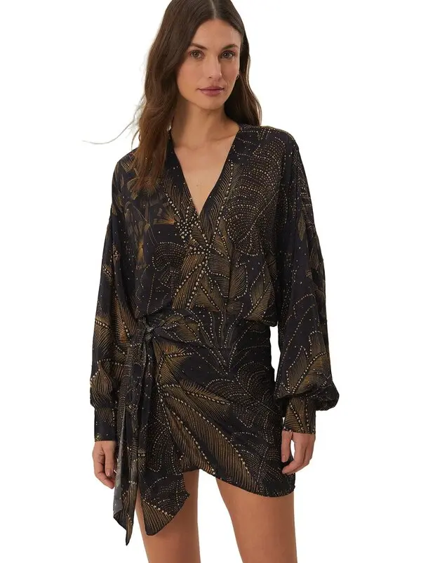 Farm Rio Black Golden Foliage Mini Wrap Dress - Golden Foliage Black