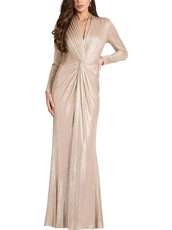 Tadashi Shoji Ferrum Metallic Twist Drape Gown - Pebble