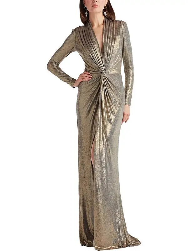 Tadashi Shoji Ferrum Metallic Twist Drape Gown - Smoke Pearl