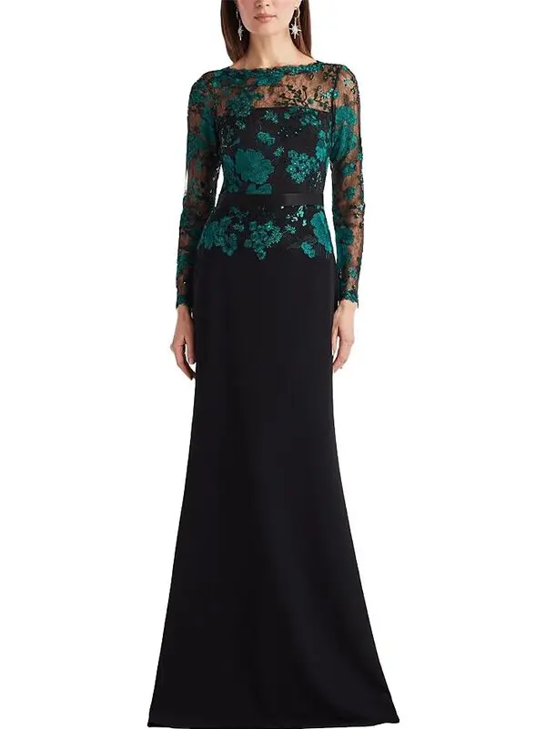 Tadashi Shoji Beacon Belted Embroidered Illusion Gown - Green