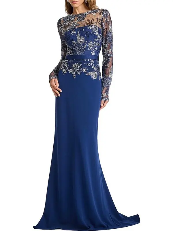 Tadashi Shoji Beacon Belted Embroidered Illusion Gown - Midnight