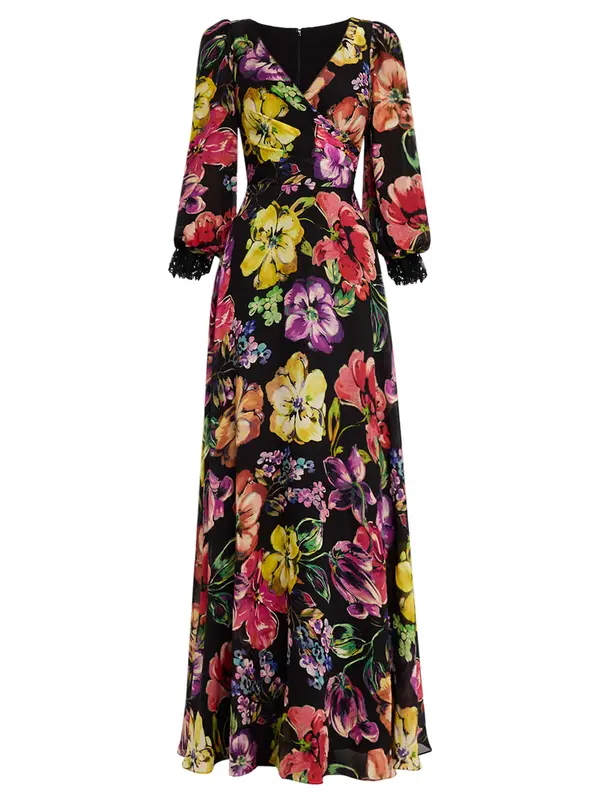 Rickie Freeman For Teri Jon Floral-print Silk Gown - Black Mult