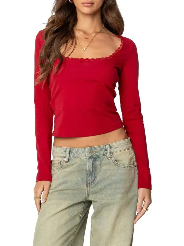 EDIKTED Mora Lace Trim Knit Top - Red