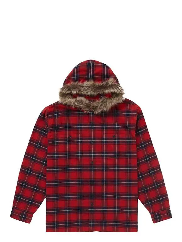 Supreme Fur Trimmed Hooded Flannel Shirt - Red Plaid