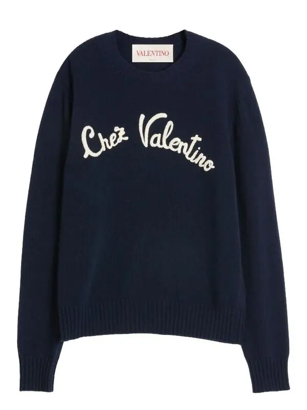 Valentino Garavani Wool Crewneck Jumper With Chez Embroidery - Blue