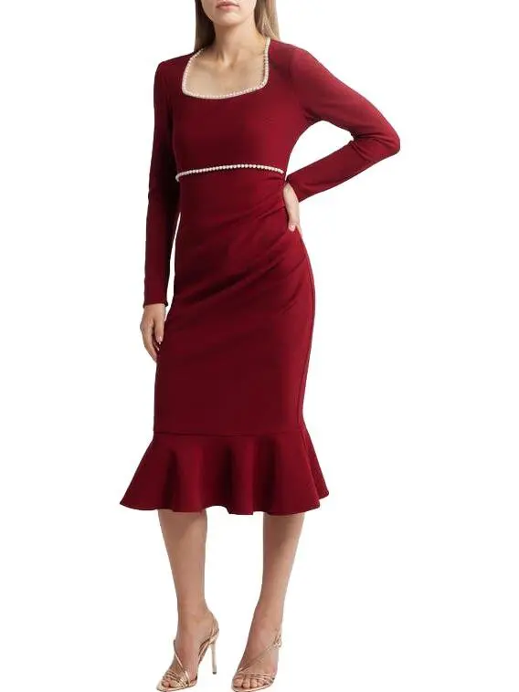 NIKKI LUND Faux Pearl Trimmed Dress - Burgundy