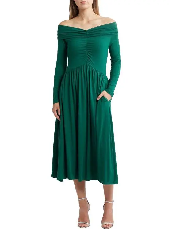NIKKI LUND Olia Off The Shoulder Long Sleeve Dress - Green