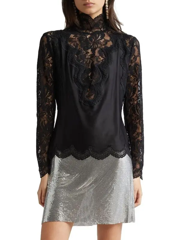 Rabanne Lace And Satin Mock Neck Top - Black