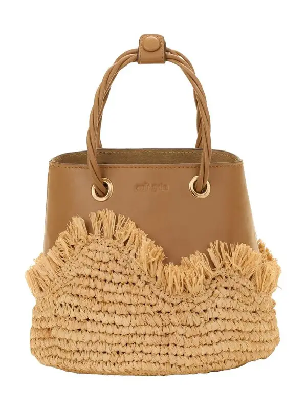 Cult Gaia Jojo Leather & Raffia Top Handle Bag - Camel