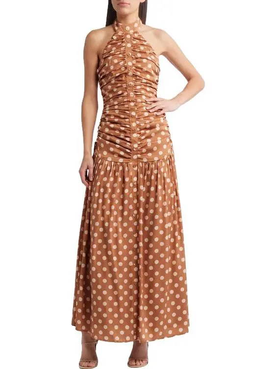 SONYA MODA Nawal Stretch Silk Maxi Dress - Terracotta Polkadot