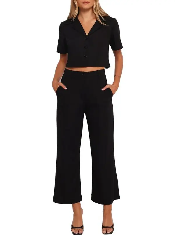 PETAL & PUP Cropped Shirt And Flare Leg Pants Set - Black