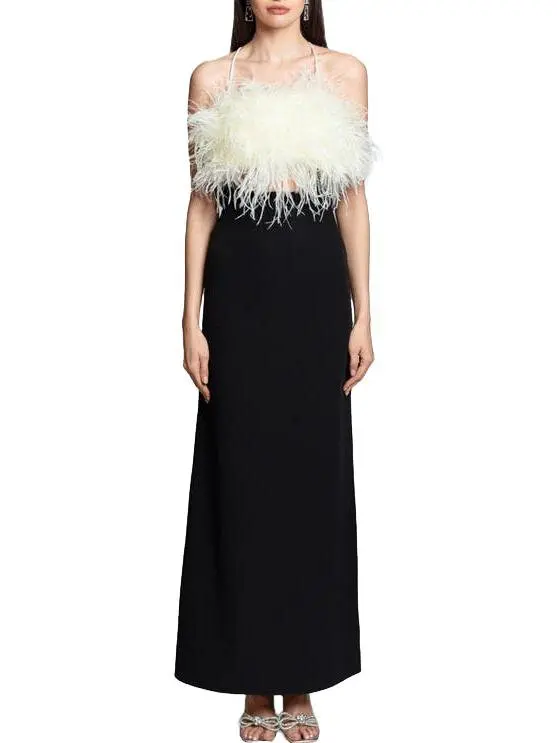 GHRAIL Greenwich Feather Bodice Crepe Gown - Ivory/ Black