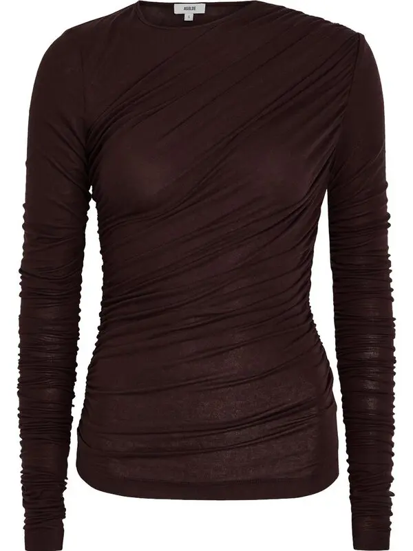 AGOLDE Tania Ruched Stretch-jersey Top - Dark Brown