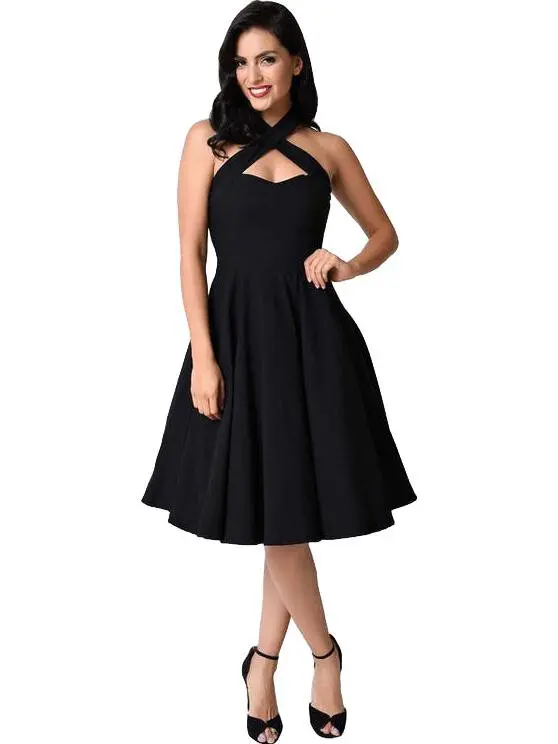 Unique Vintage 1950s Criss Cross Halter Rita Flare Dress - Black