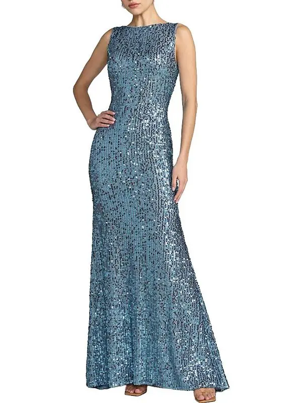 Mac Duggal Sequined Boat Neck Gown With Cowl Back And Bow - Fusion Blue