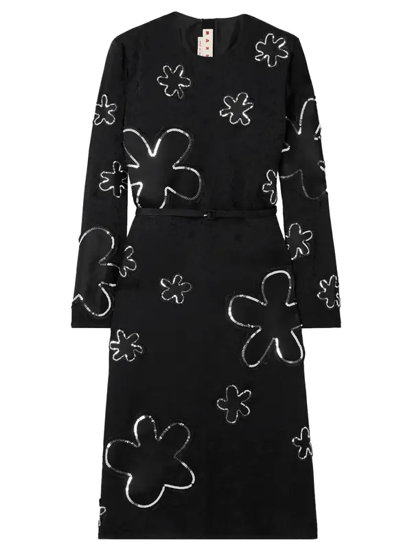 Marni Belted Sequin-embellished Floral Satin-jacquard Midi Dress - Black