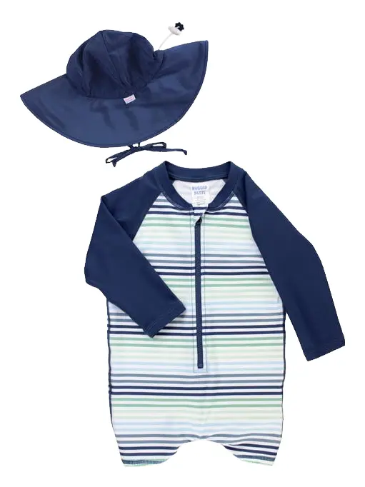 RUGGEDBUTTS One-piece Rashguard Swimsuit And Hat Set - Coastal Stripe