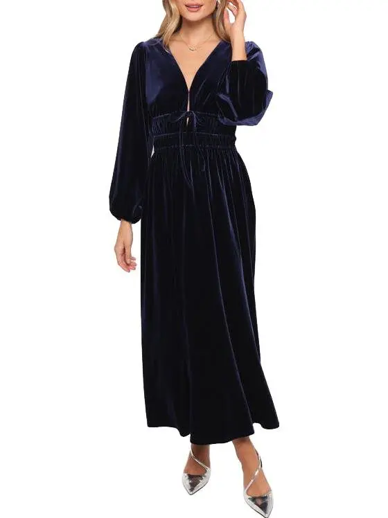 PETAL & PUP Cece Long Sleeve Velvet Maxi Dress - Midnight Blue