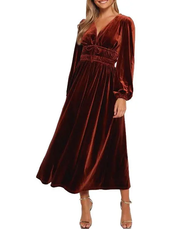 PETAL & PUP Cece Long Sleeve Velvet Maxi Dress - Rust