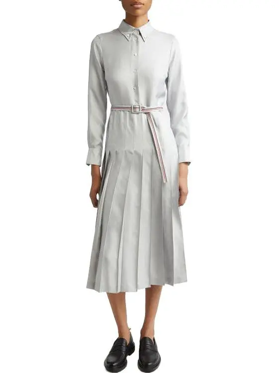 Thom Browne Long Sleeve Pleated Midi Shirtdress - Light Grey