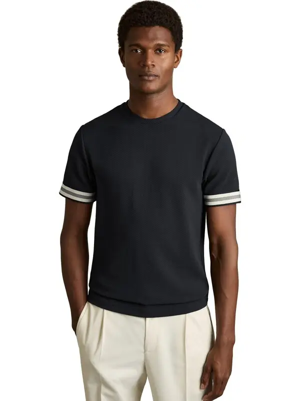 REISS Emmerson Tape-cuff Textured T-shirt - Navy
