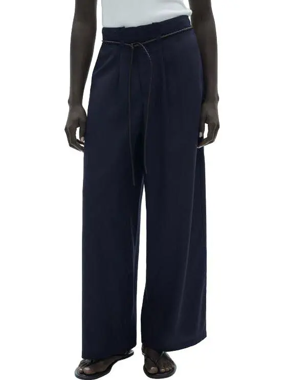 Mango Pleated Wide Leg Trousers - Dark Navy