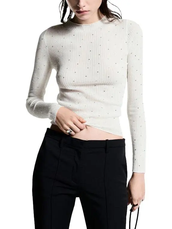Mango Rhinestone Detail Rib Sweater - Ecru