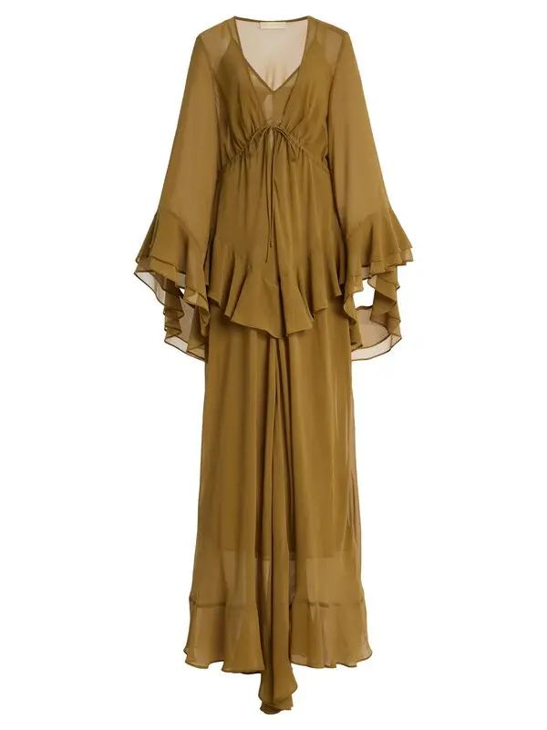 DE LA VALI Calypso Ruffled Georgette Maxi Dress - Olive