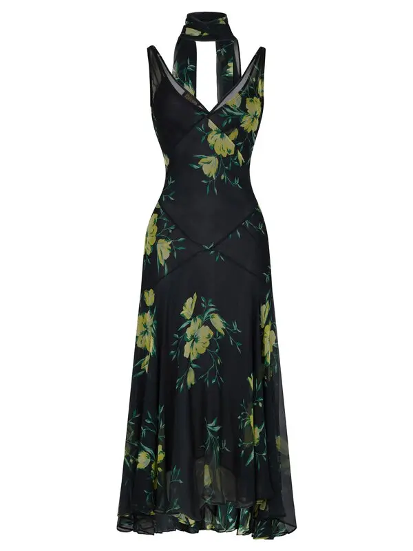 DE LA VALI Mistica Floral-print Silk-chiffon Midi Dress - Black