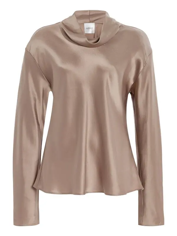 LESET Barb Draped Satin Top - Brown