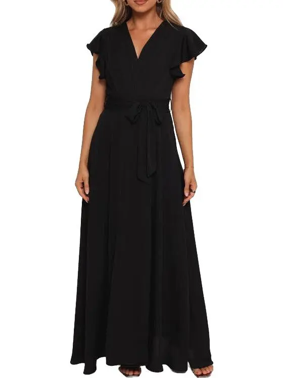 PETAL & PUP Maverick Flutter Sleeve Wrap Front Maxi Dress - Black