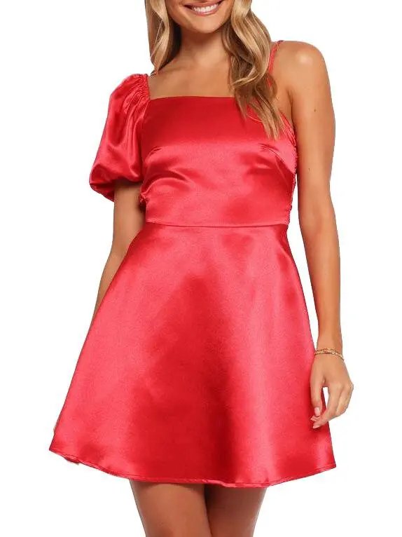 PETAL & PUP Brexley Asymmetric Sleeve Satin Mini Dress - Red