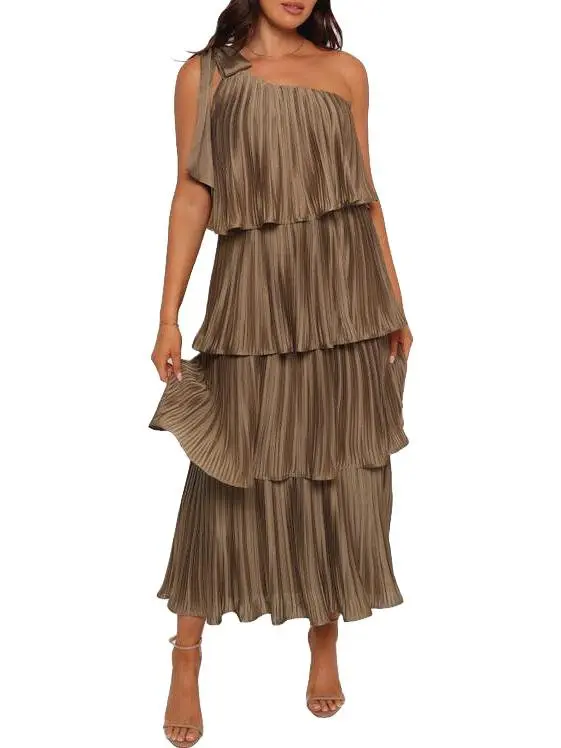 PETAL & PUP Mia One-shoulder Tiered Midi Dress - Olive