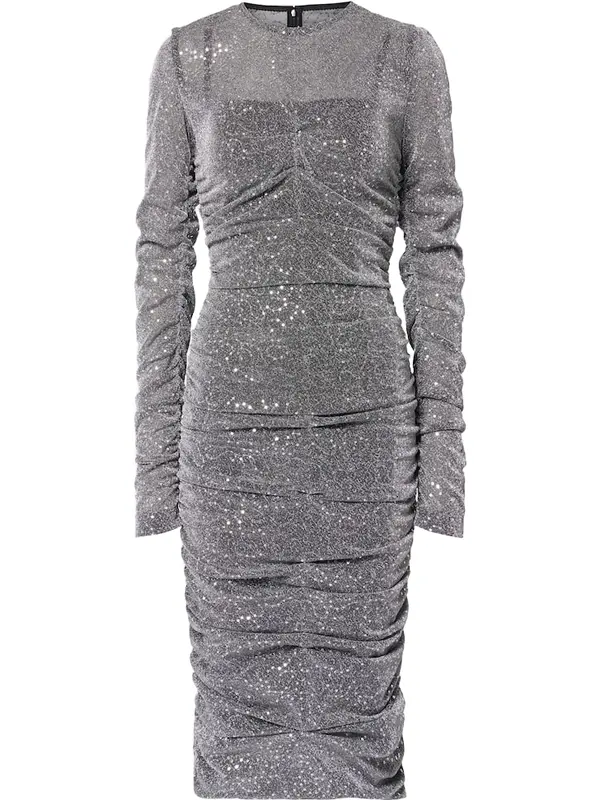 Dolce & Gabbana Sequined Ruched Midi Dress - Silver