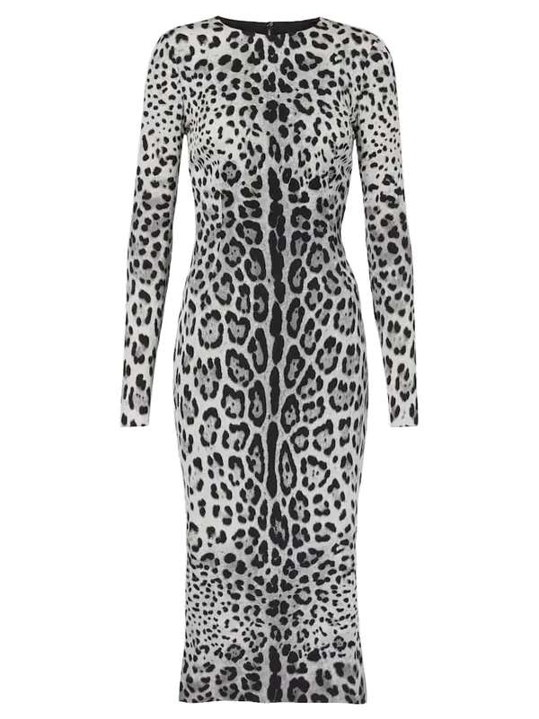 Dolce & Gabbana Leopard-print Silk-blend Midi Dress - Grey