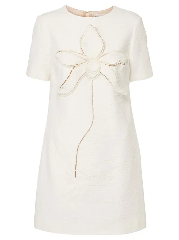 Oscar De La Renta Orchid Embroidered Tweed Dress - White