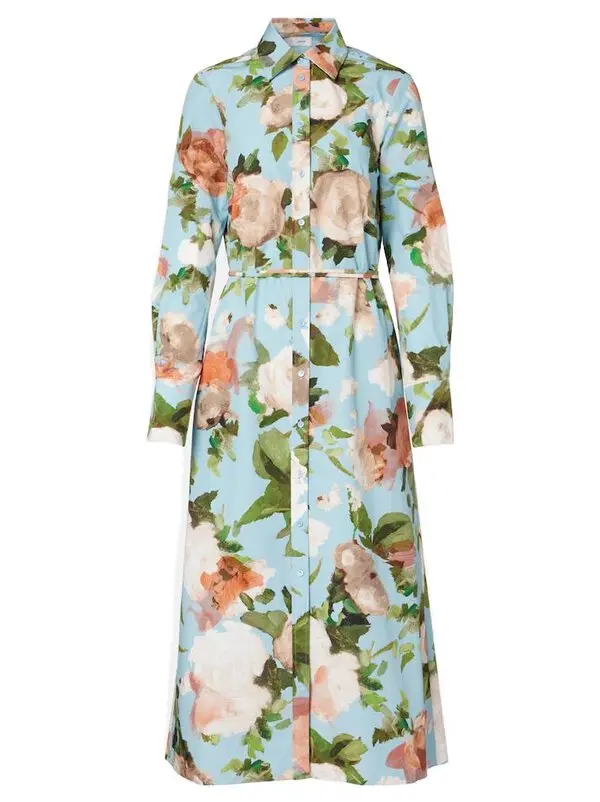 Erdem Painted Rose Dream Blue Floral Cotton Shirt Dress - Multicoloured
