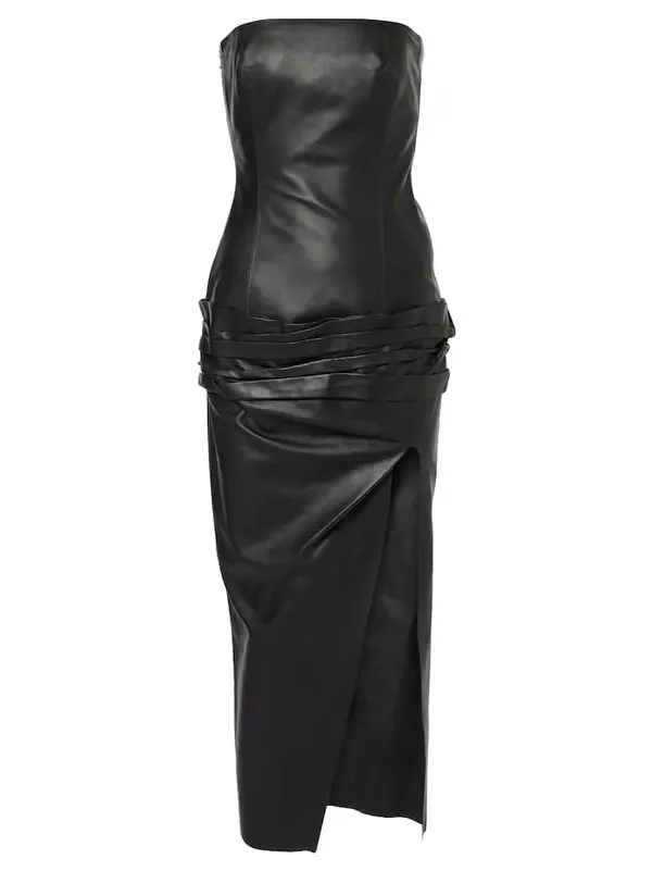 Attico Draped Strapless Leather Midi Dress - Black