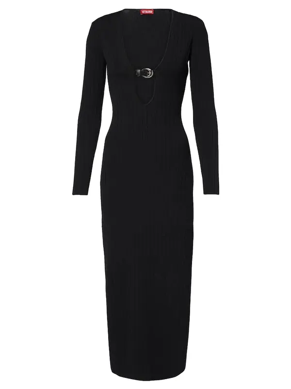 Staud Murphy Ribbed-knit Midi Dress - Black