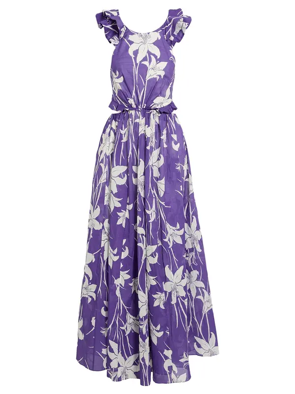 Zimmermann Ruffled Cutout Floral-print Cotton-voile Maxi Dress - Purple