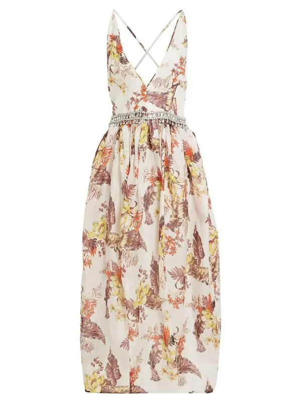 Zimmermann Crystal-embellished Printed Linen And Silk-blend Midi Dress - Ivory