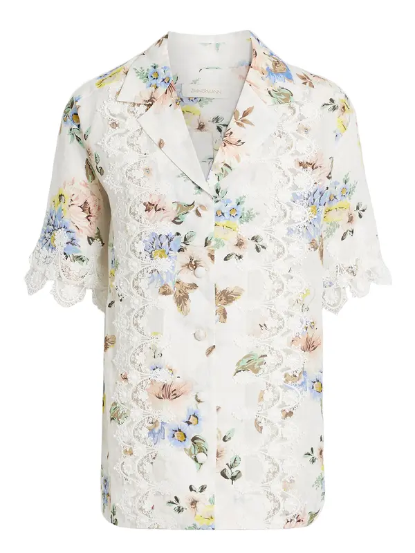 Zimmermann Guipure Lace-trimmed Floral-print Ramie Shirt - White
