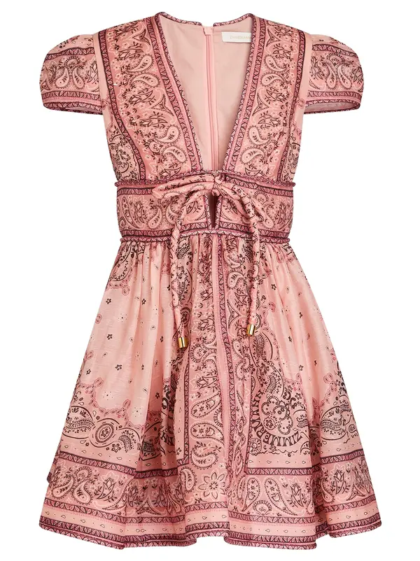 Zimmermann Paisley-print Linen And Silk-blend Mini Dress With Bow Detail - Antique Rose