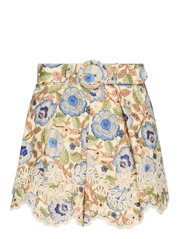 Zimmermann Belted Floral Broderie Anglaise Linen Shorts - Cream